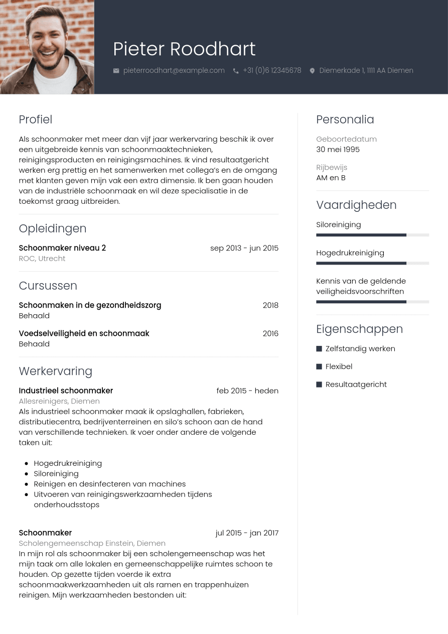 CV voorbeeld schoonmaakster / schoonmaker - CVwizard