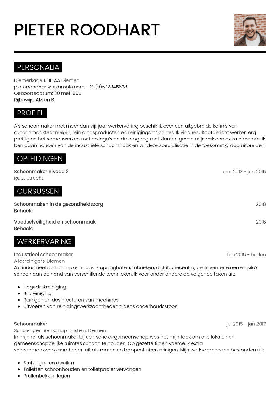CV voorbeeld schoonmaakster / schoonmaker - CVwizard