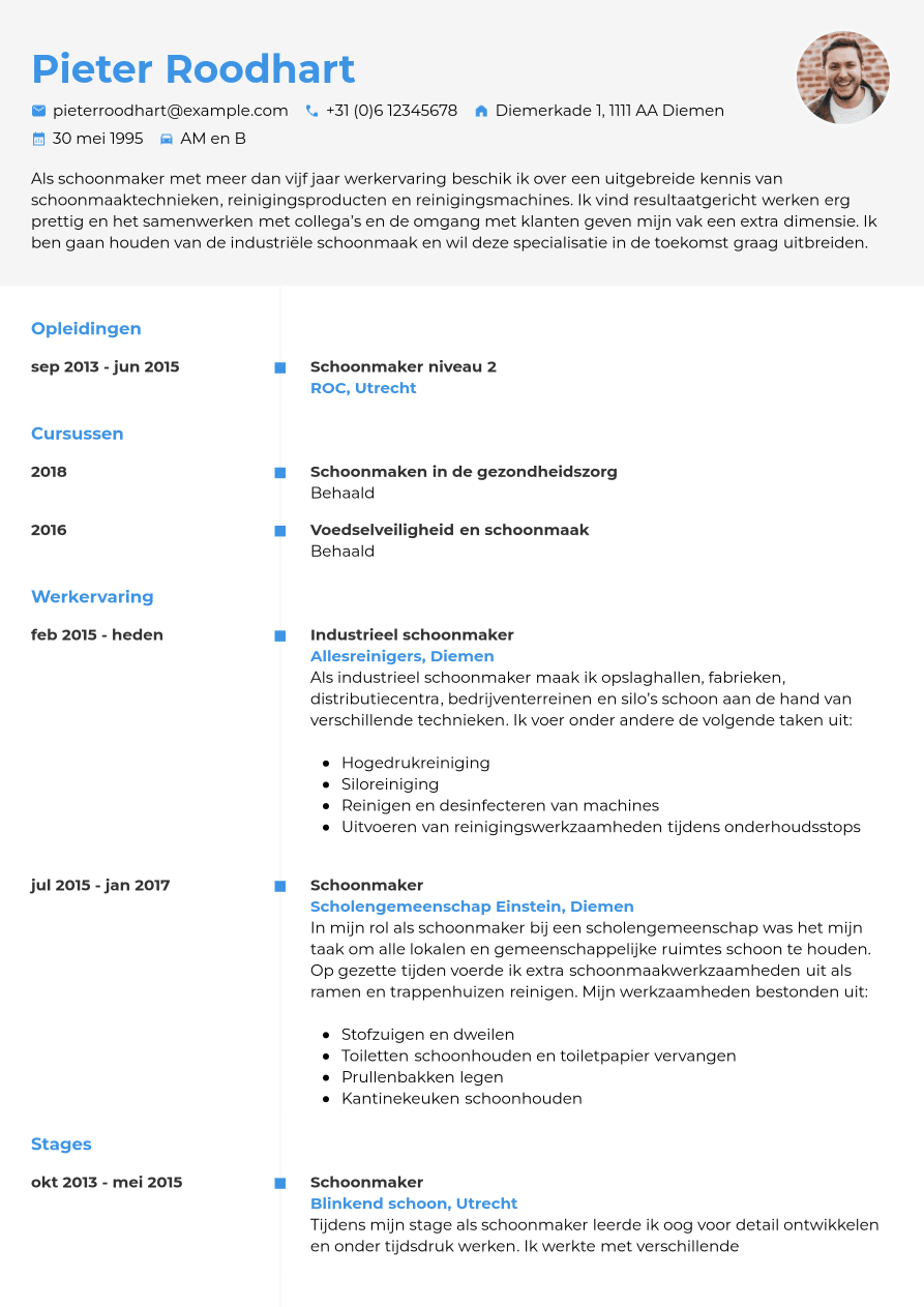 CV voorbeeld schoonmaakster / schoonmaker - CVwizard