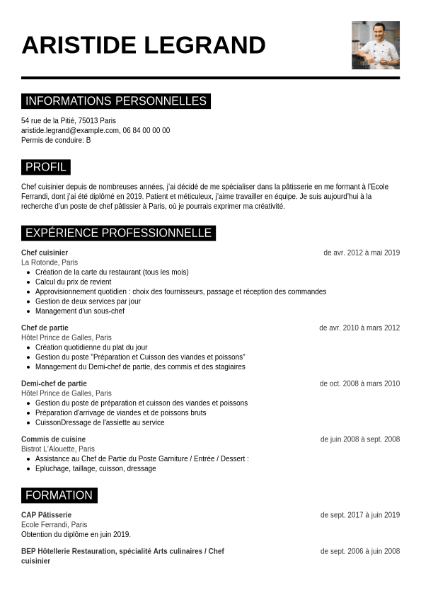 Exemple de CV cuisinier et chef de cuisine - CVwizard