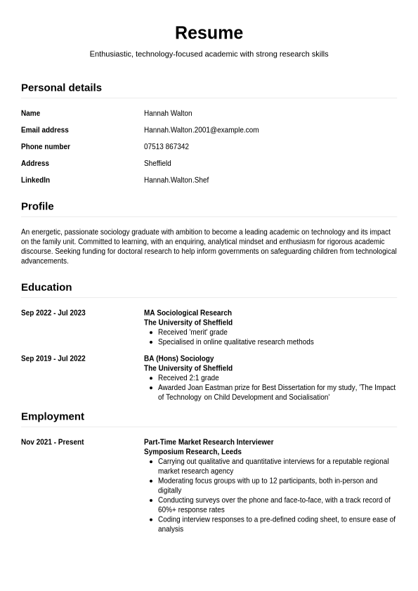 Graduate Student CV Example - CVwizard