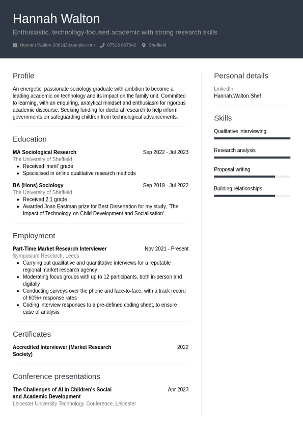 Graduate Student CV Example - CVwizard