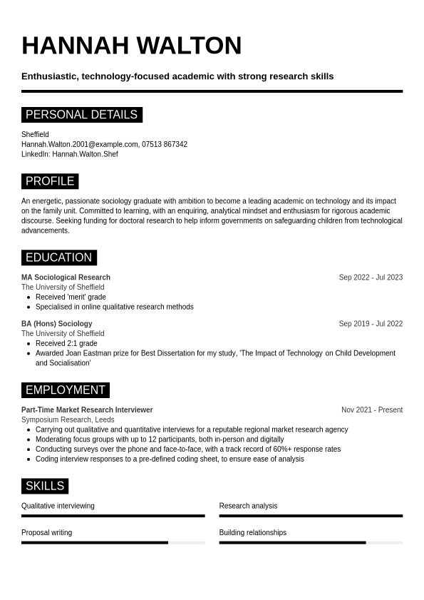 Graduate Student CV Example - CVwizard