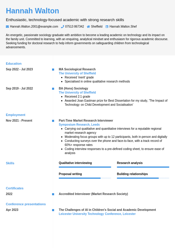 Graduate Student CV Example - CVwizard