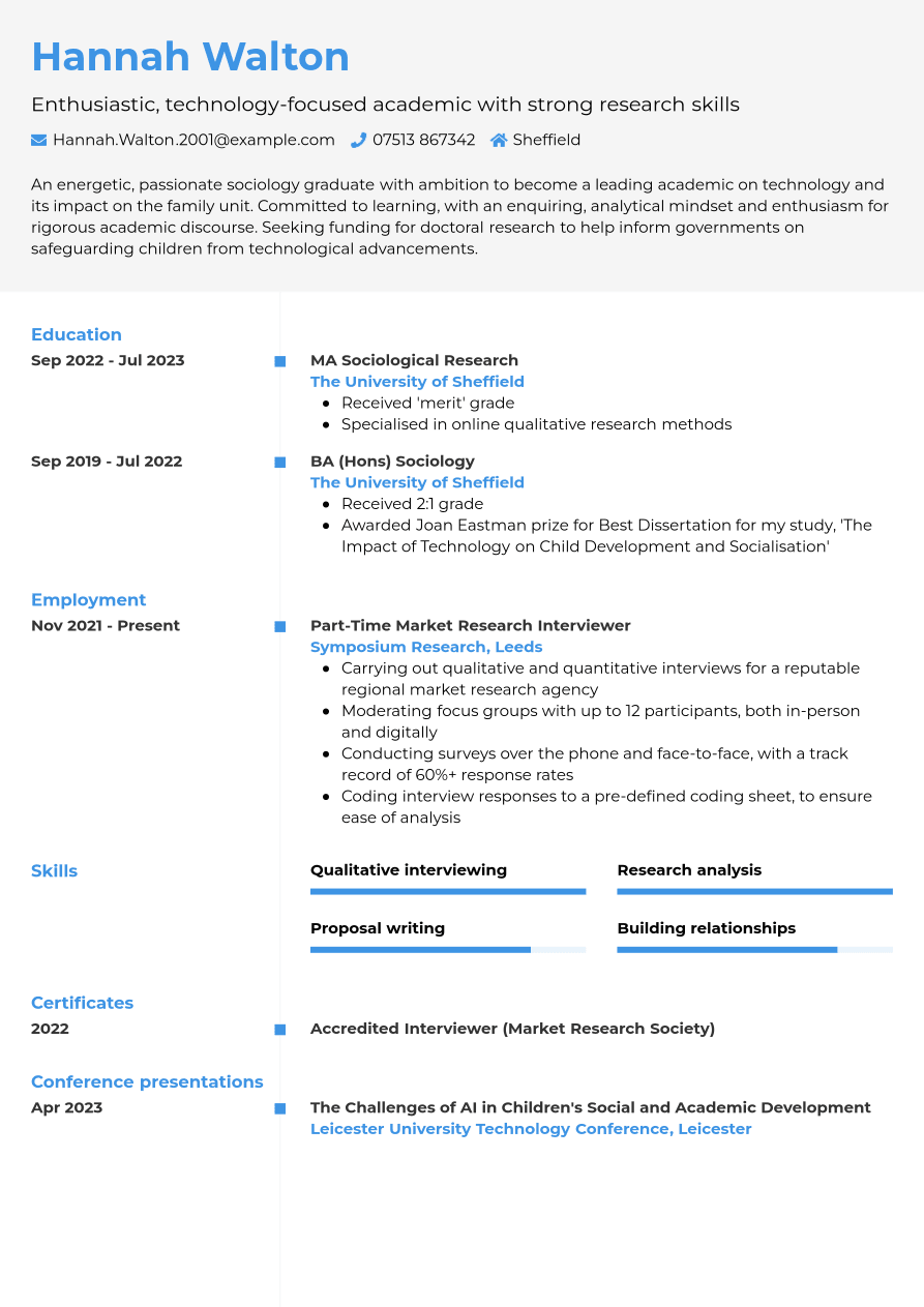 Graduate Student CV Example - CVwizard