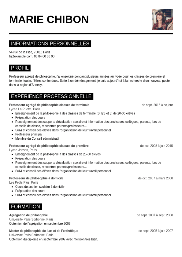 Exemple de CV enseignant (professeur) - CVwizard