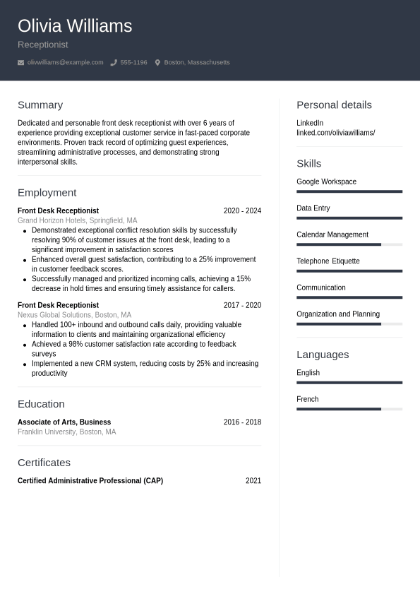 Receptionist Resume Example - Cvwizard