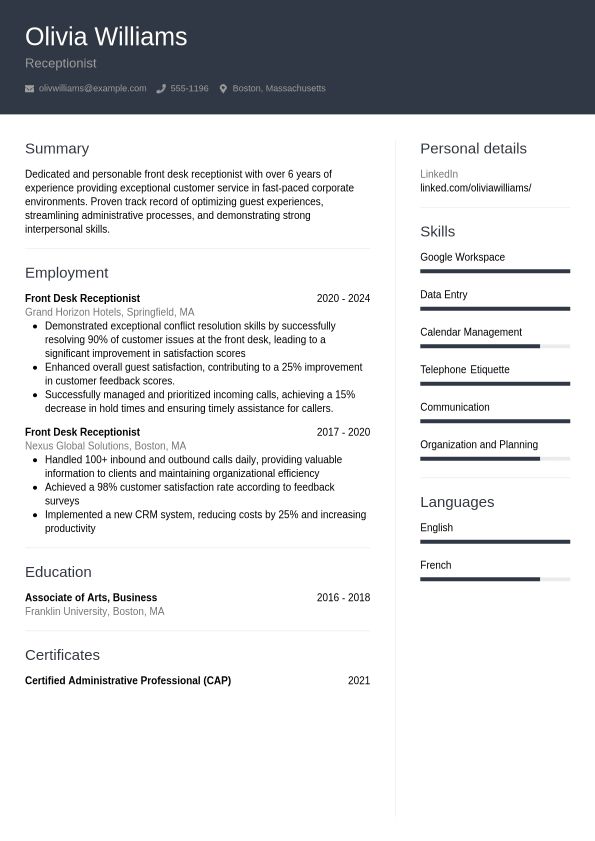 Receptionist Resume Example - CVwizard