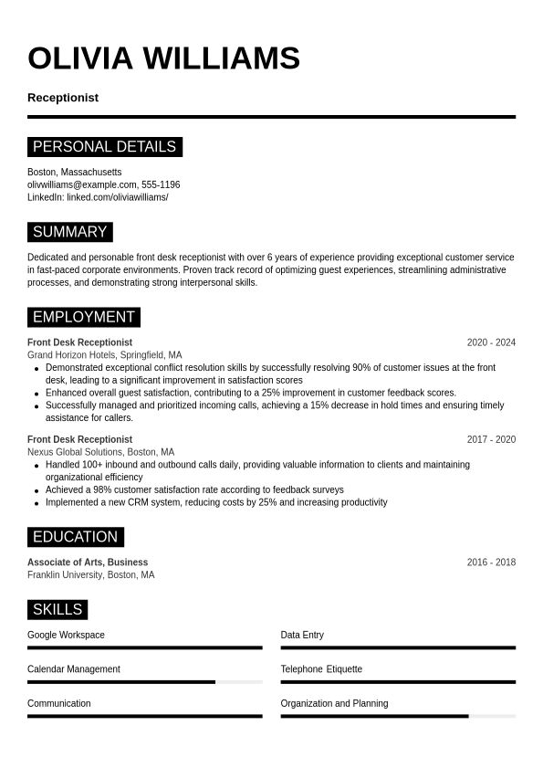 Receptionist Resume Example - Cvwizard