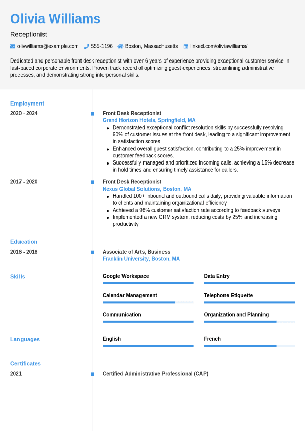 Receptionist Resume Example - Cvwizard