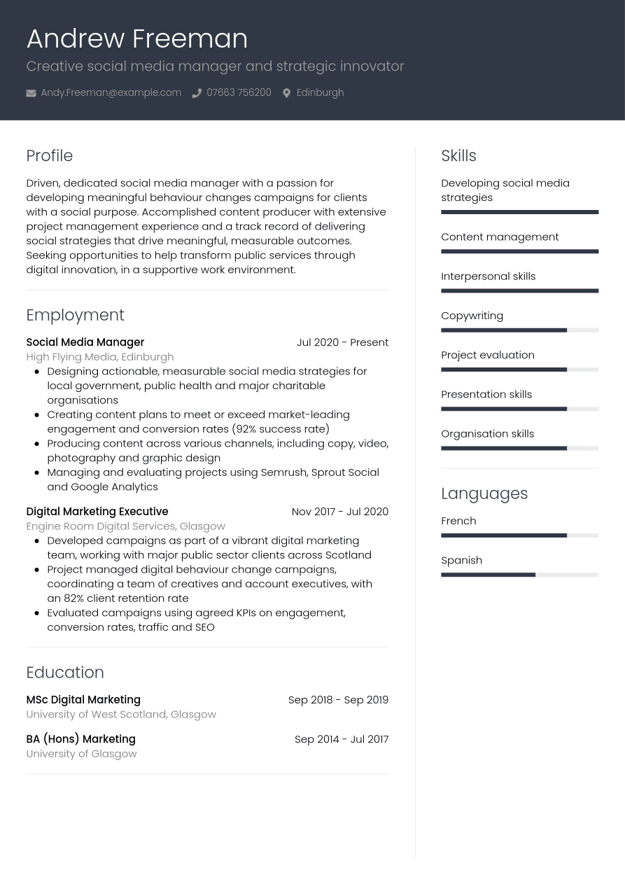 Social Media Manager CV Example - CVwizard