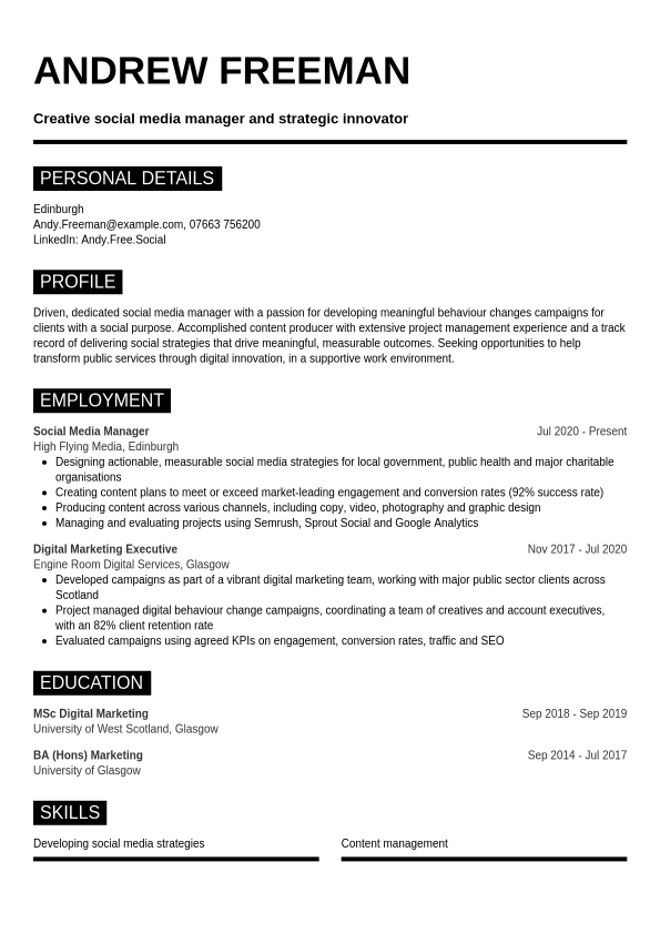 Social Media Manager CV Example - CVwizard