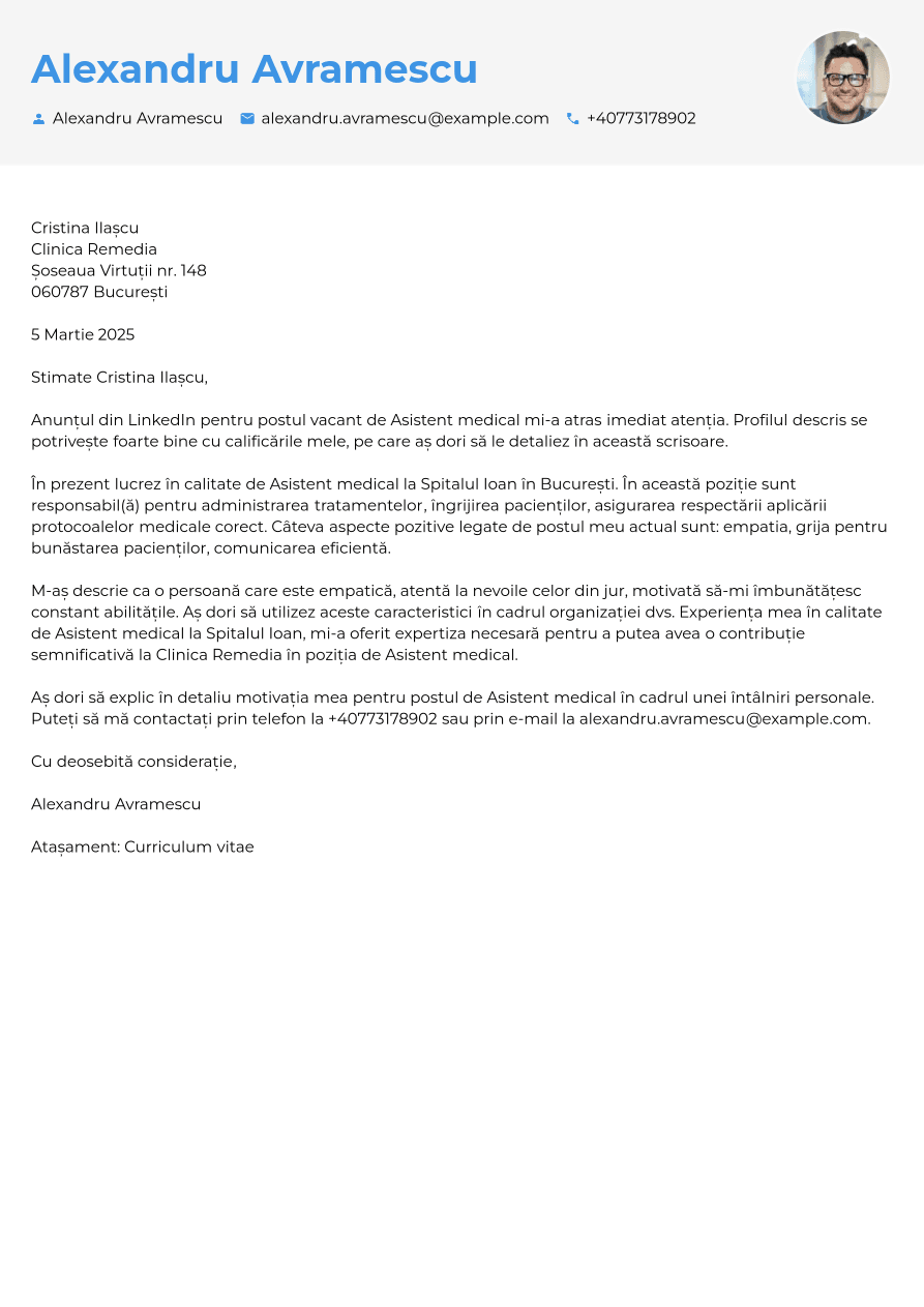 Exemplu scrisoare de intenție asistent medical 2026 - CVwizard