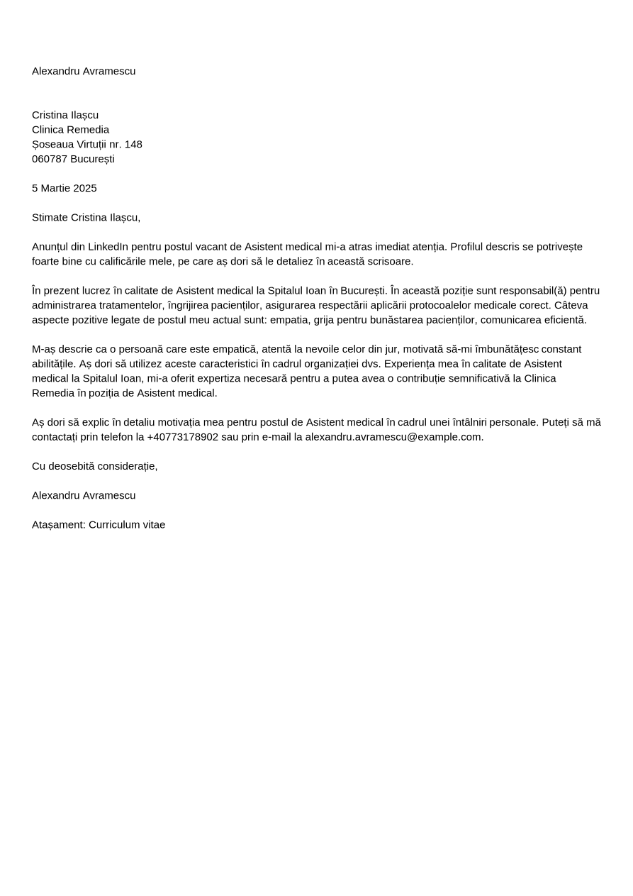 Exemplu scrisoare de intenție asistent medical 2025 - CVwizard