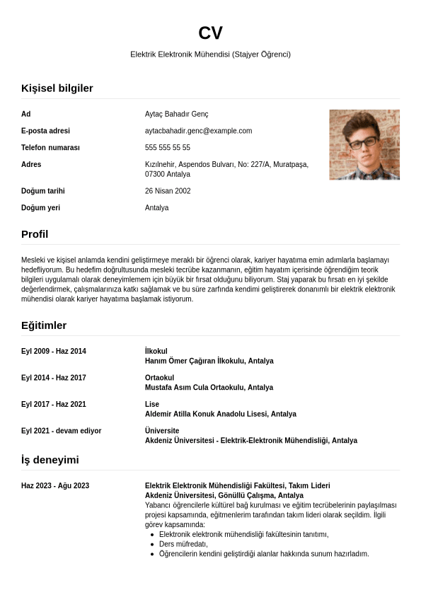 Stajyer CV Örnekleri - CVwizard