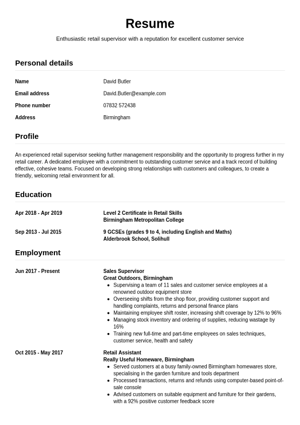 Retail CV example - CVwizard