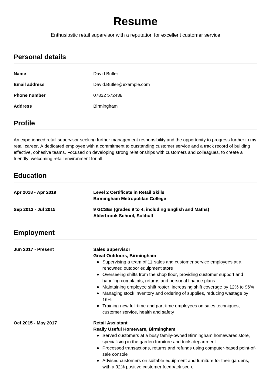 Retail CV example - CVwizard