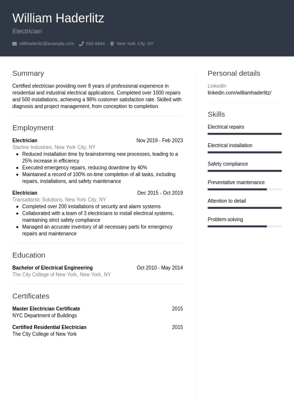 Electrician Resume Examples - CVwizard