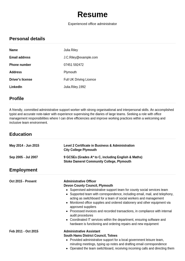 Administrator CV Example - CVwizard