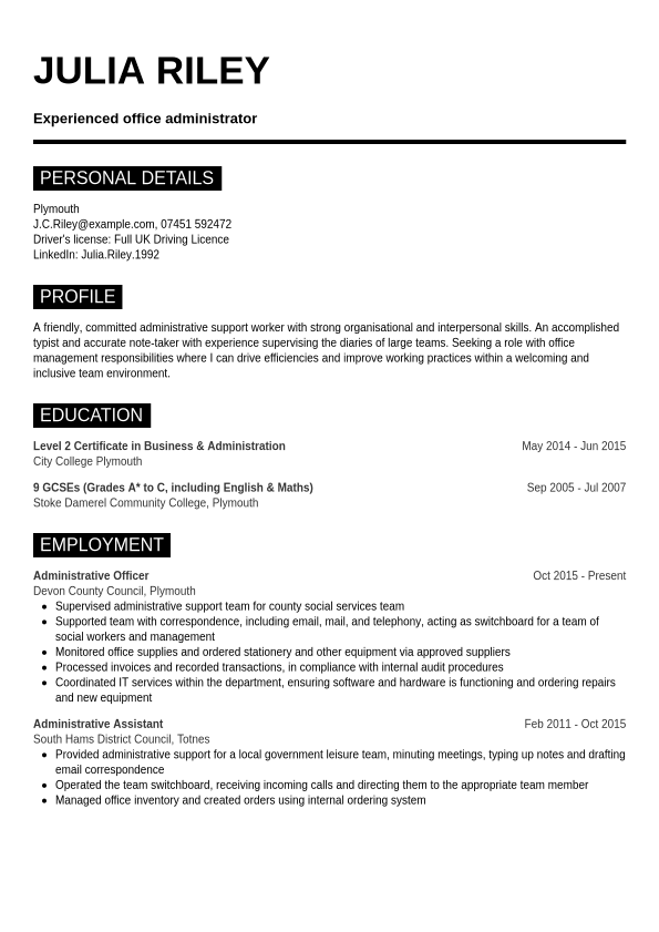 Administrator CV Example - CVwizard