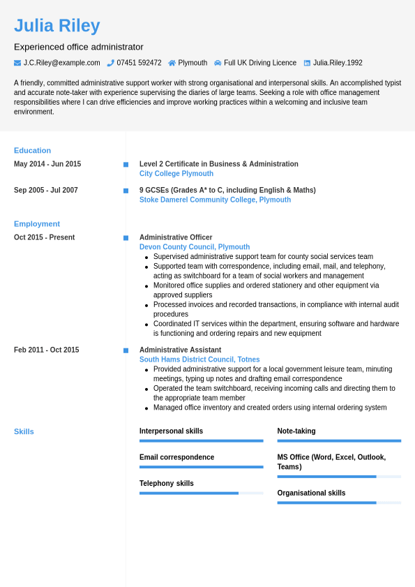 Administrator Cv Example - Cvwizard