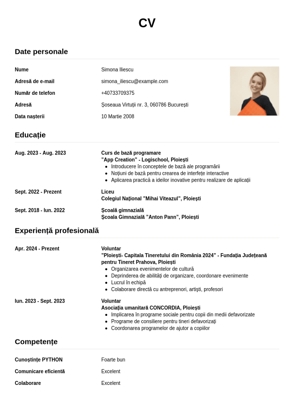 Exemplu de CV pentru elev de liceu - CVwizard