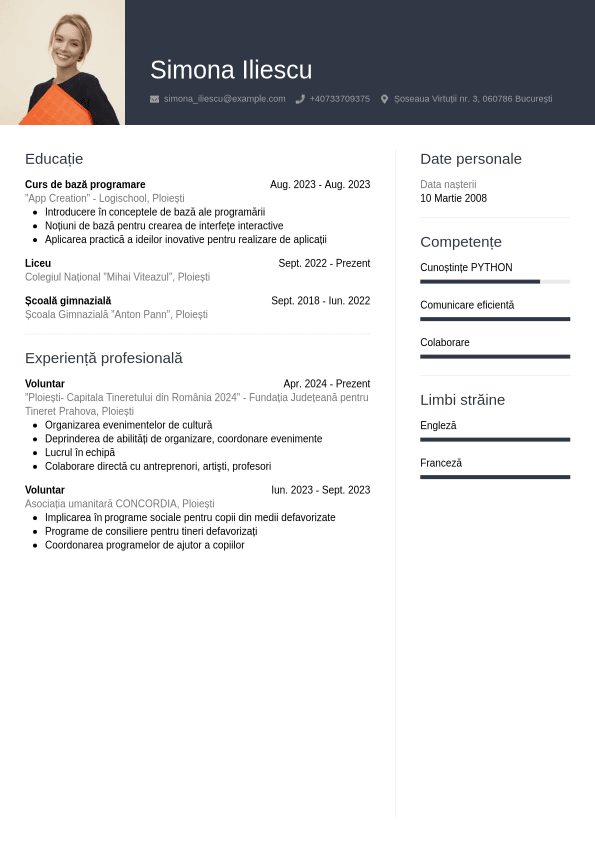 Exemplu de CV pentru elev de liceu - CVwizard