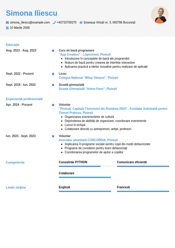 Exemplu de CV pentru elev de liceu - CVwizard