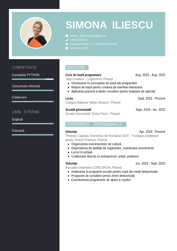 Exemplu de CV pentru elev de liceu - CVwizard