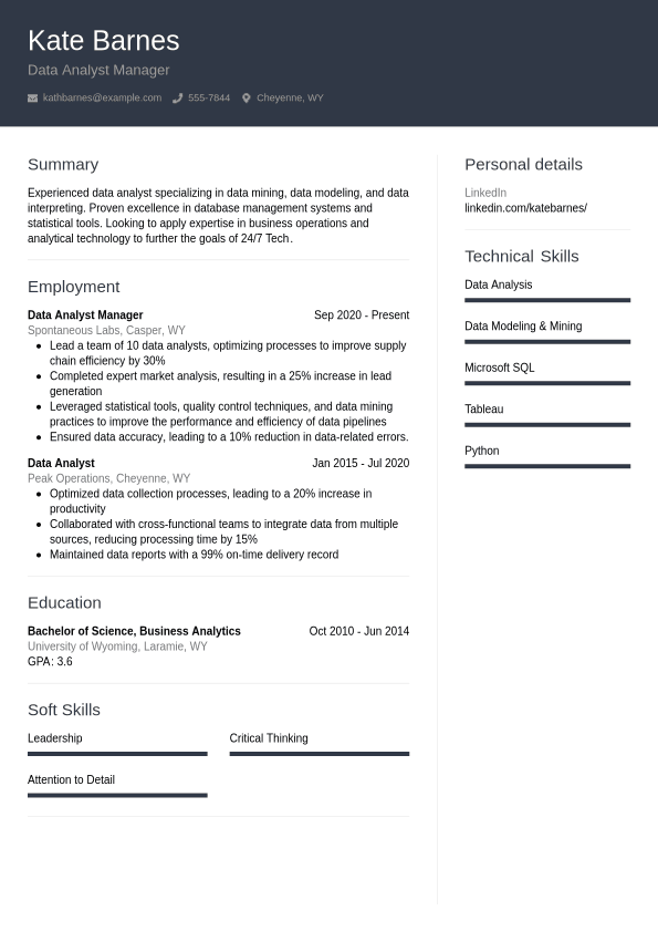 Data Analyst Resume Example - CVwizard