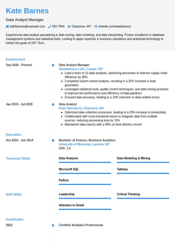 Data Analyst Resume Example - CVwizard