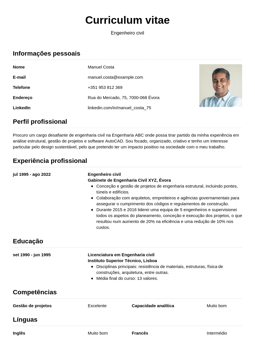 Exemplo de curriculum vitae para engenheiro civil - CVwizard