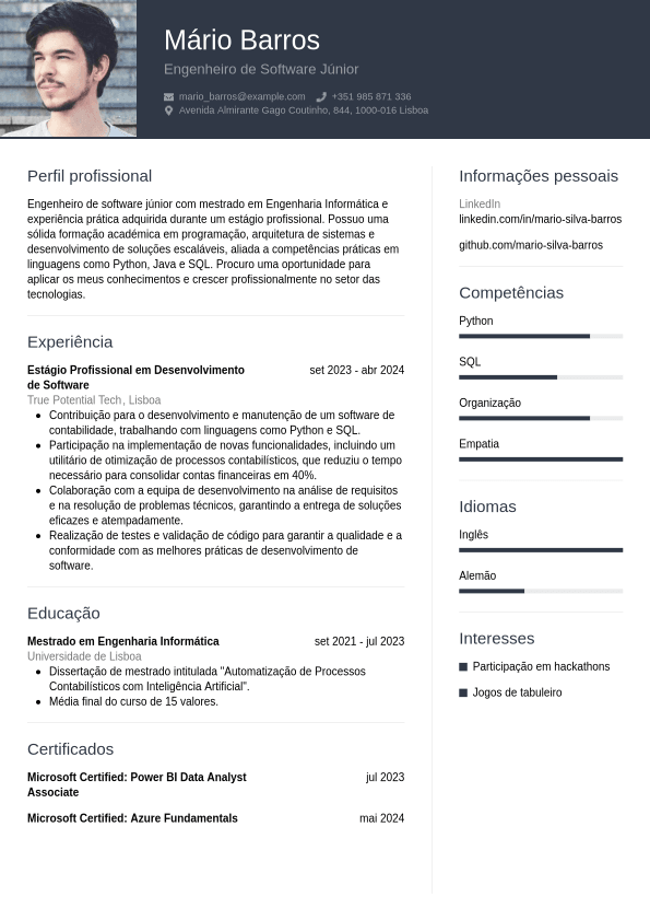 Exemplo de curriculum de engenheiro de software 2025 - CVwizard