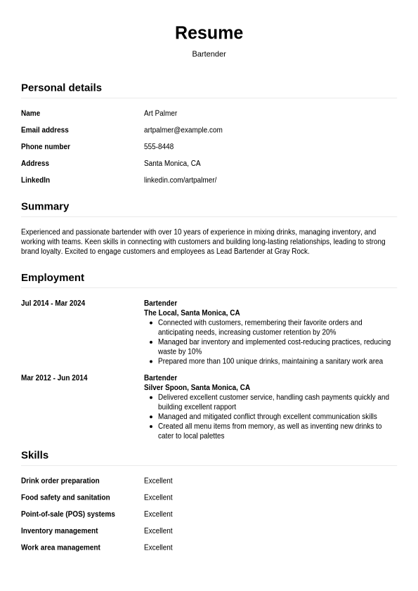 Bartender Resume Examples and Writing Tips - CVwizard
