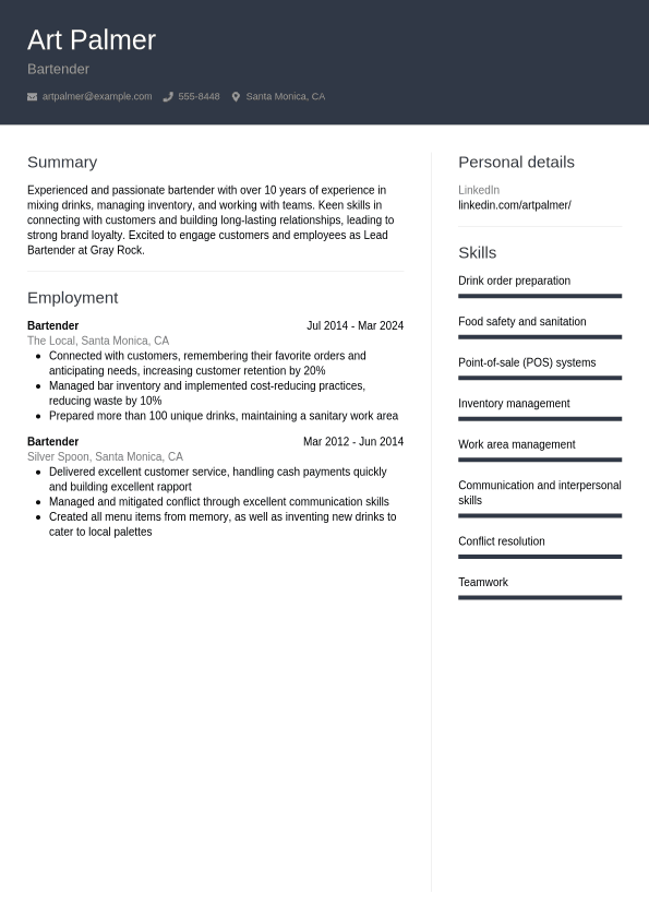 Bartender Resume Examples and Writing Tips - CVwizard