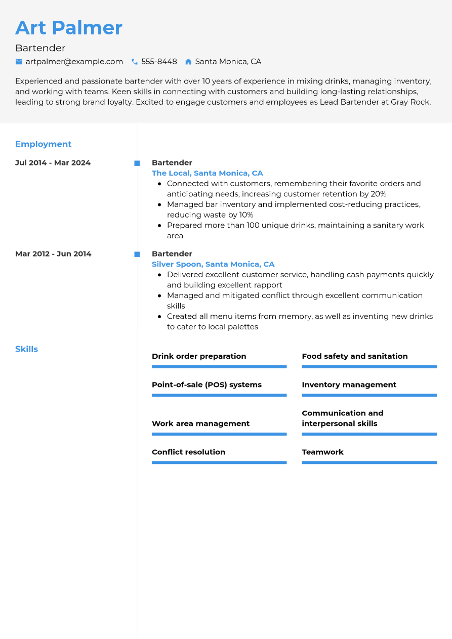 Bartender Resume Examples and Writing Tips - CVwizard