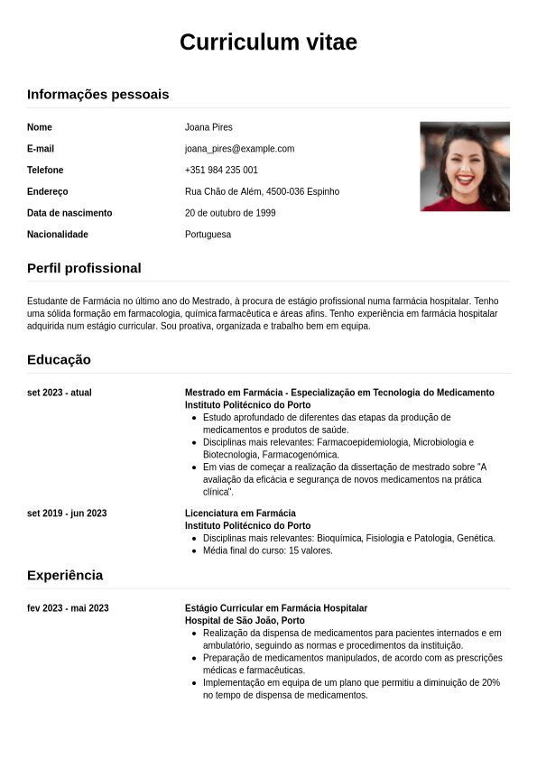 Exemplo de curriculum vitae para estudante - CVwizard