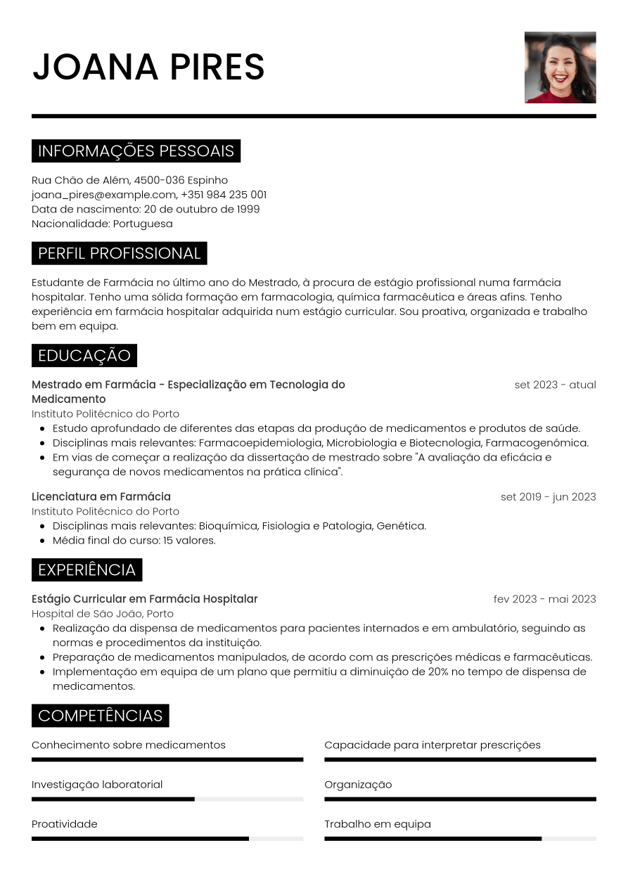 Exemplo de curriculum vitae para estudante - CVwizard