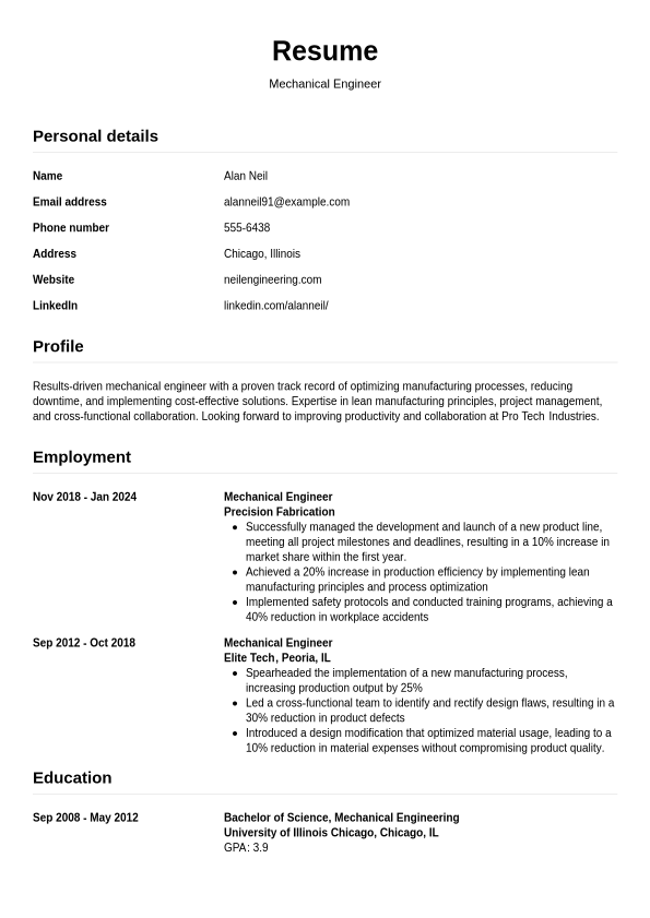 Engineer Resume Example - CVwizard