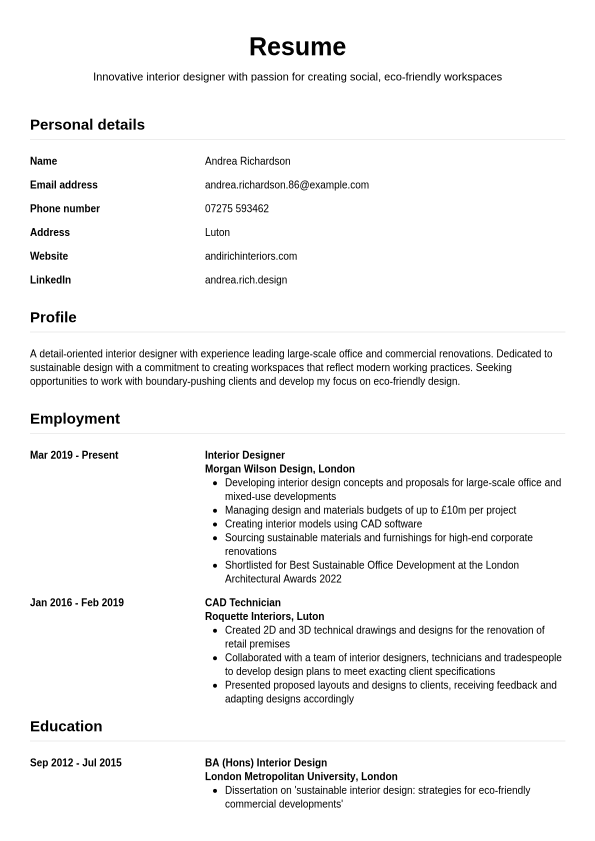 Interior Designer CV Example - CVwizard