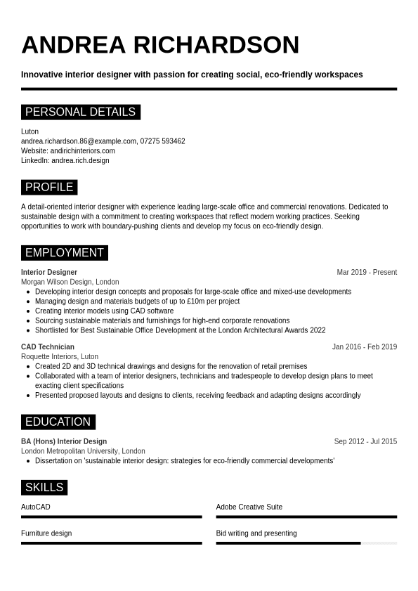 Interior Designer CV Example - CVwizard