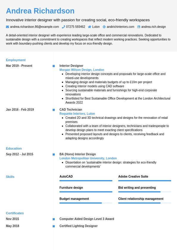 Interior Designer CV Example - CVwizard