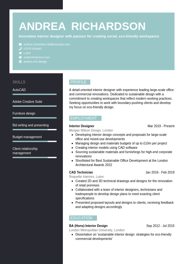 Interior Designer CV Example - CVwizard