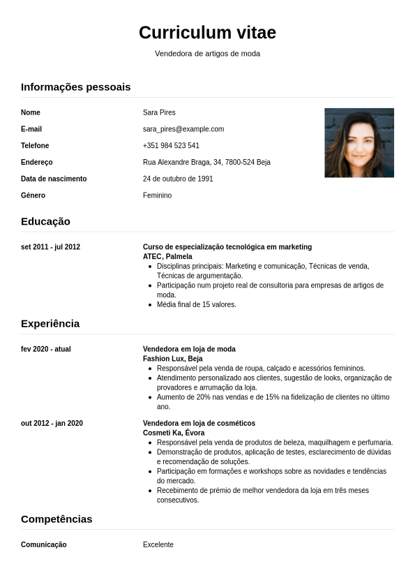 Exemplo de curriculum vitae de vendedor para 2025 - CVwizard
