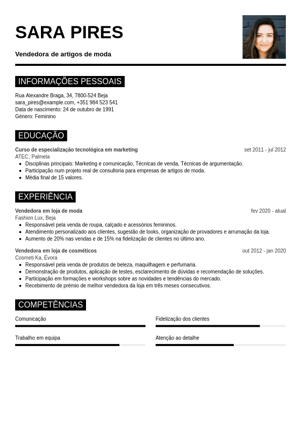 Exemplo de curriculum vitae de vendedor para 2025 - CVwizard