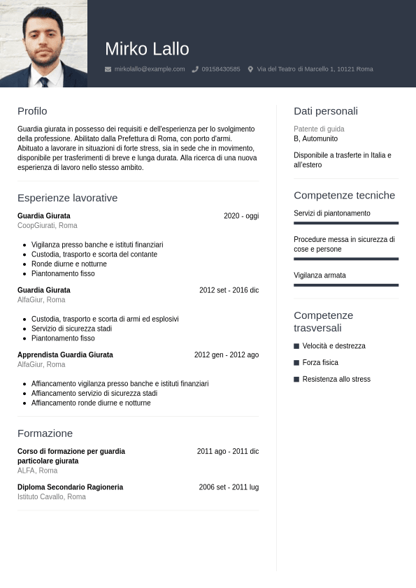 Esempio curriculum guardia giurata - CVwizard