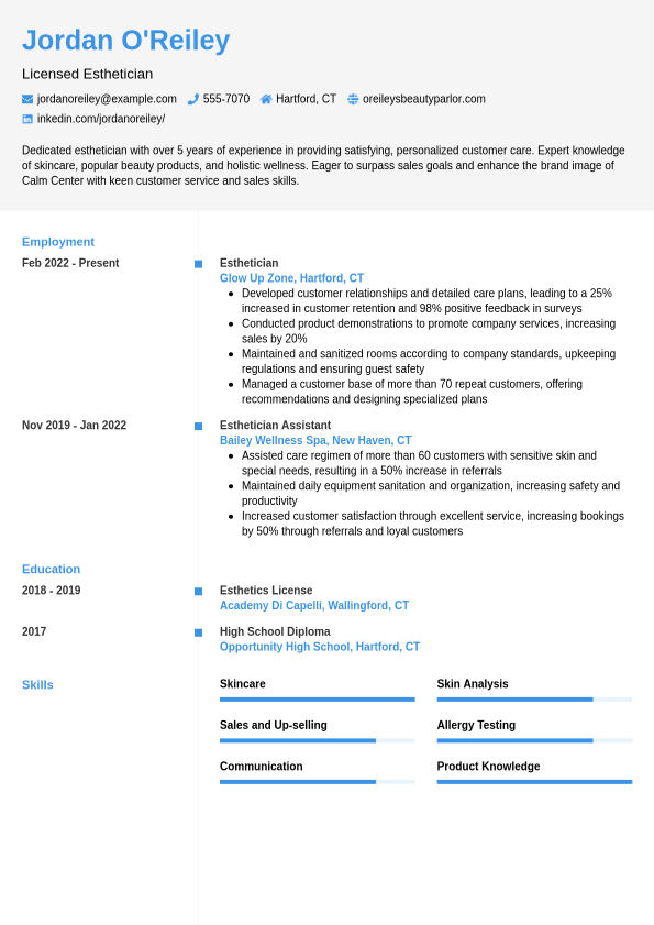 Esthetician Resume Example - CVwizard