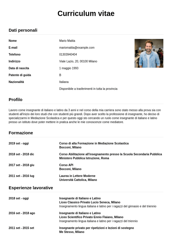 Esempio curriculum insegnante / docente - CVwizard