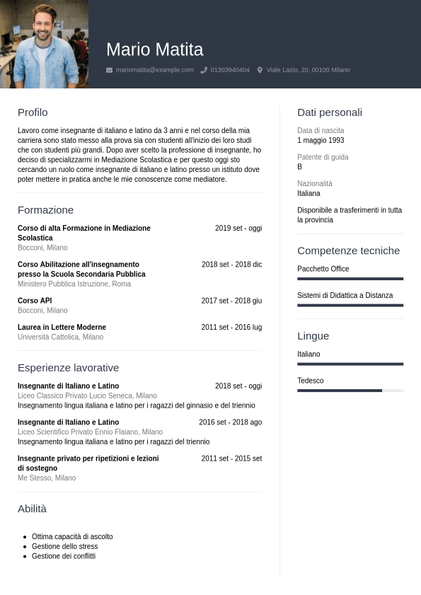 Esempio curriculum insegnante / docente - CVwizard
