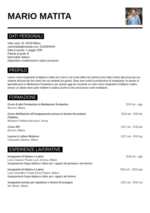 Esempio curriculum insegnante / docente - CVwizard
